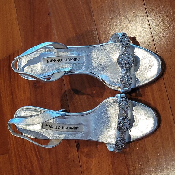 Manolo Blahnik | Shoes | Manolo Blahnik Silver Strappy Rhinestone Heel ...